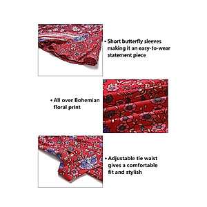 ZESICA Women's 2025 Bohemian Floral Printed Wrap V Neck Short Sleeve Split Beach Party Maxi Dress,Red,Medium