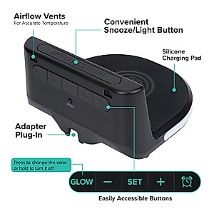 La Crosse Technology 617-84947-INT Wireless 5W Charging Alarm Clock with Glowing Base and Outdoor Sensor