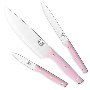 GreenLife High Carbon Stainless Steel 3 Piece Knife Set with Covers, Includes Chef Utility and Pairing, Comfort Grip Handles,Triple Rivet Cutlery, Soft Pink