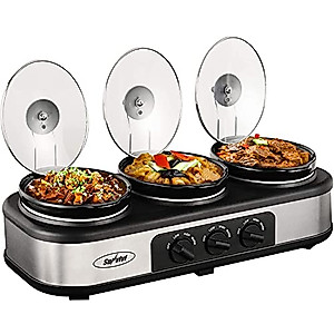 Sunvivi Slow Cooker, Triple Slow Cooker Buffet Server 3 Pot Food Warmer, 3-Section 1.5-Quart Oval Slow Cooker Buffet Food Warmer Adjustable Temp Lid Rests Stainless Steel, Total 4.5 QT