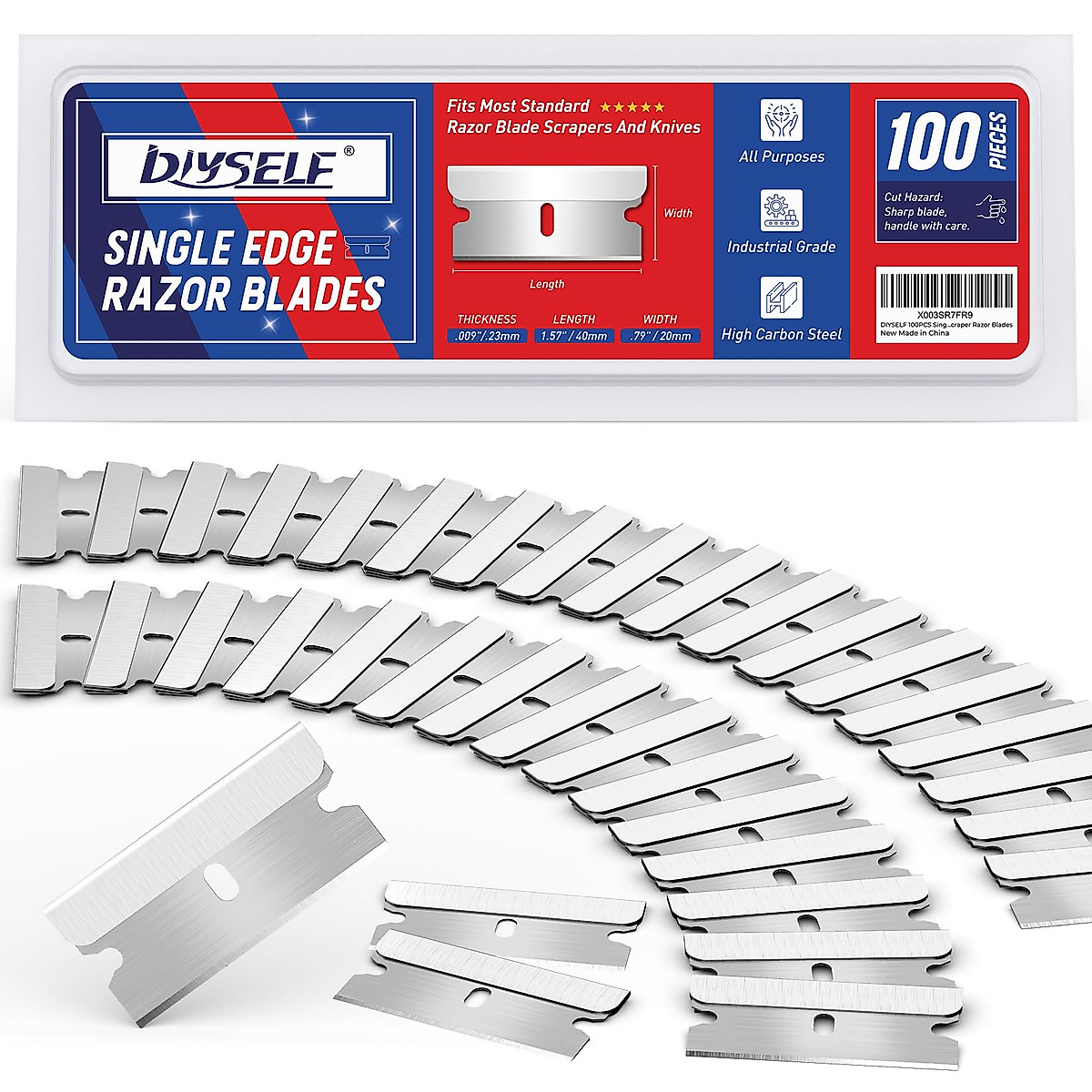 DIYSELF Single Edge Razor Blades, 100 Blades, Razor Blades Refiils for Razor Scraper, Utility Knife, Heavy Duty One Edge Razor Blades, High Carbon Steel Razor Blades for Removing Decals, Stickers