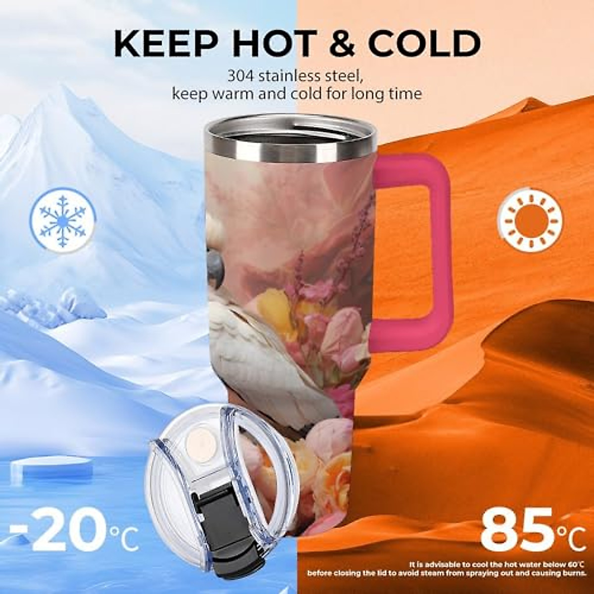 Flower Bird Peony Parrot 40 Oz Car Cup Stainless Steel Travel Mug Leak-Proof Insulated Tumbler with Handle Light Rose Red-style