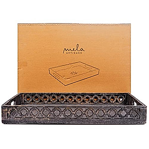 Mela Artisans Farmhouse & TV Ottoman Wooden Serving Tray - Large, Trellis Blackwash | Decorative Mango Wood | Serve Breakfast, Other Foods, Coffee and Tea | Rustic Home Decor | 20" x 14” x 2.5”
