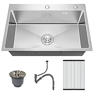 DuyviSteil 33x22 Inch Topmount or Drop In Kitchen Sink Worktation 16 Gauge Stainless Steel Single Bowl Kitchen Sink with Drainpipe