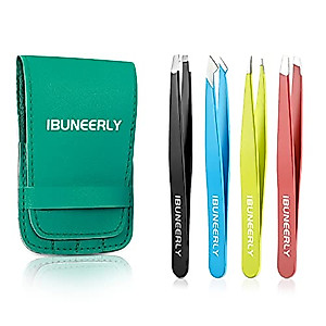 Tweezers Set, 4Pcs Tweezers for Women with Travel Leather Case, Professional Stainless Steel Eyebrows Tweezers, Great Precision Tweezers for Ingrown Hair, Facial Hair, Splinter Removal (Multi-Color)