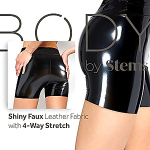 Body By Stems Women's Latex Leather Shorts - Sexy and Stylish Patent Leather Shorts for Women - Black