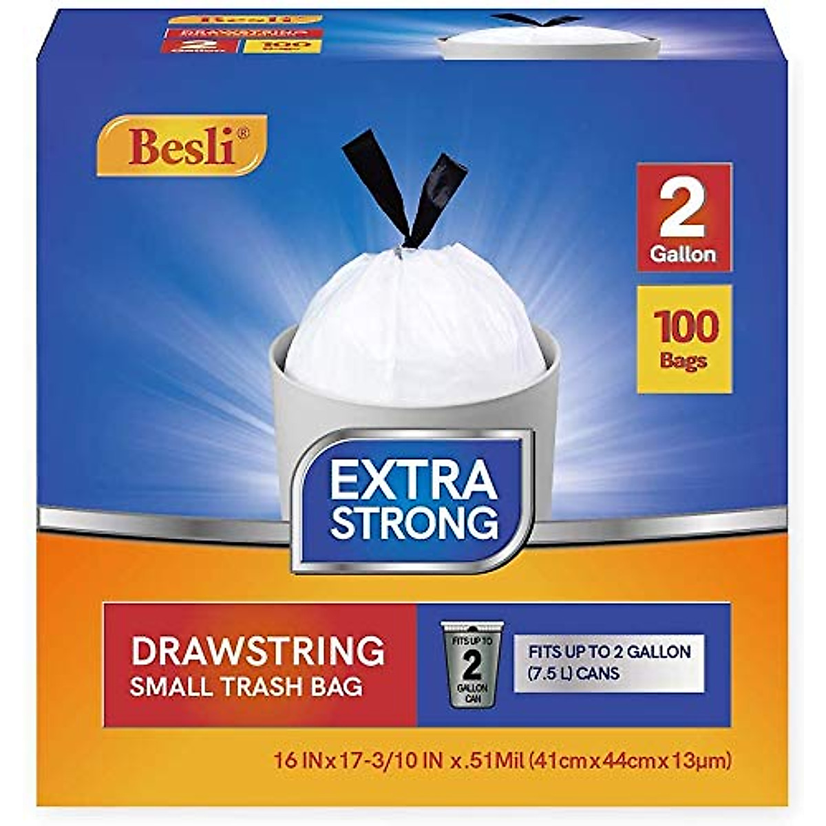 Besli 2 Gallon Drawstring Trash Bag Small Garbage Bag,100 Counts(White, 2 Gallon)