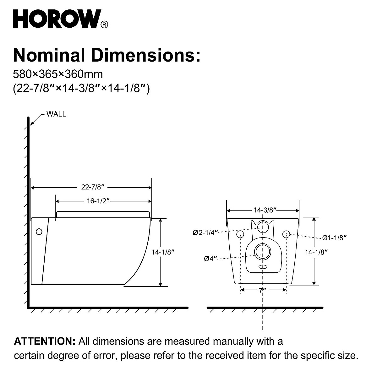 HOROW Wall Hung Toilet HR-TG02W, Compact Wall Mounted Toilet with Soft Closing Seat, 1.6 GPF/1.1 GPF Dual Flush Ceramic Round Wall Toilet for Bathroom, White Toilet Bowl