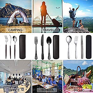 Portable Travel Utensils Set with Case 18/8 Stainless Steel Black Silverware Sets Include Knife Fork and Spoon with Case Reusable Utensil Set for Lunch Box and Camping (Black)