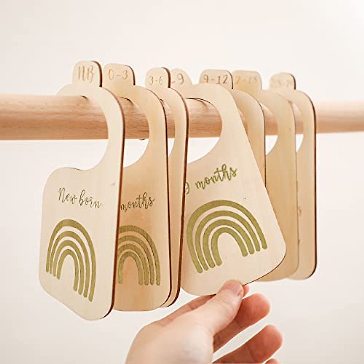 7 Pieces Baby Closet Size Divider Wooden Baby Closet Organizers Hanging Closet Dividers from Newborn Infant to 24 Months for Home Nursery Baby Clothes