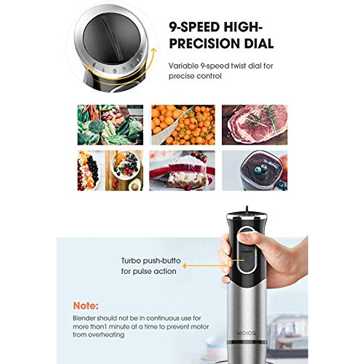 KOIOS 800W Immersion Hand Blender, Multifunctional 5-in-1 Low Noise Stick Mixer, 9-Speed, Stainless Steel, Titanium Plated Blade, includes 600ml Mixing Beaker, 800ml Chopper, Whisk Attachment, and Milk Frother