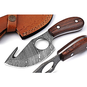 Bushcraft Handmade Damascus Steel Fixed Blade Skinning Hunting Knife With Gut Hook Best For Outdoor Camping Skinner Deer Fishing Hiking Edc Survival Knives For Men (Rose Wood)