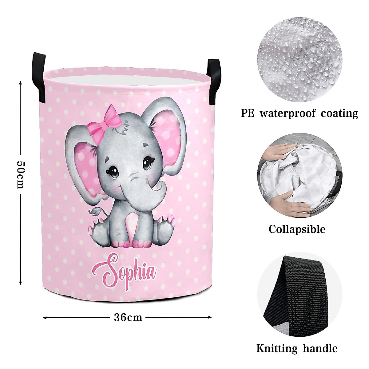 Personalized Wave Point Elephant Pink Waterproof Laundry Basket Handles Collapsible Hamper Storage Basket for Office Bathroom