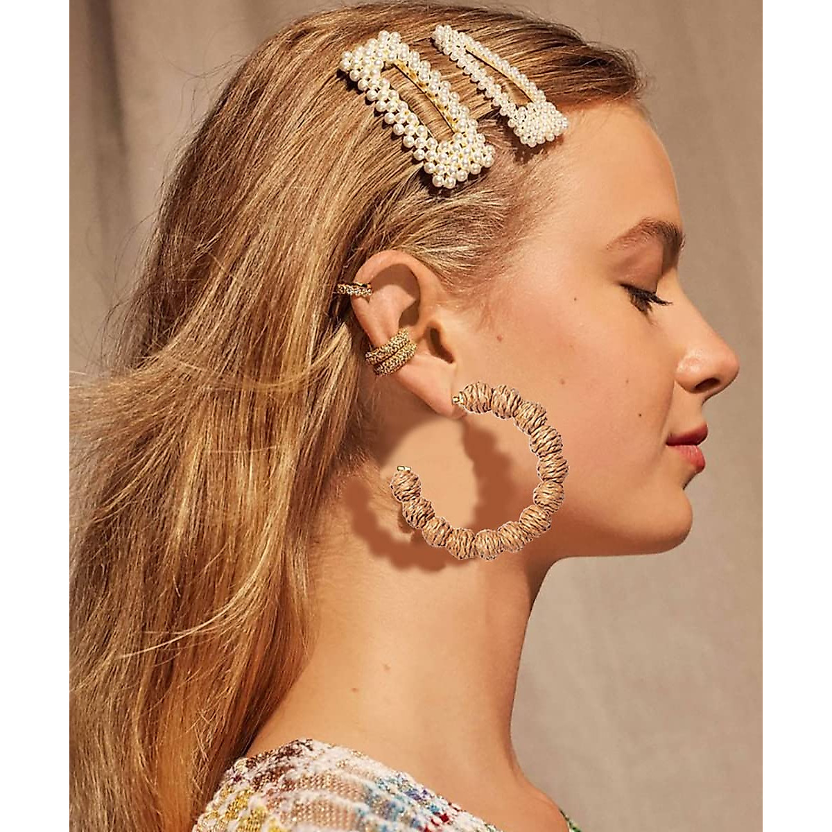 4 Pairs Raffia Earrings Boho Rattan Hoop Dangle Earrings for Women Handmade Straw Wicker Woven Earring Set Summer Beach Jewelry Gifts (4 Pairs Set A)