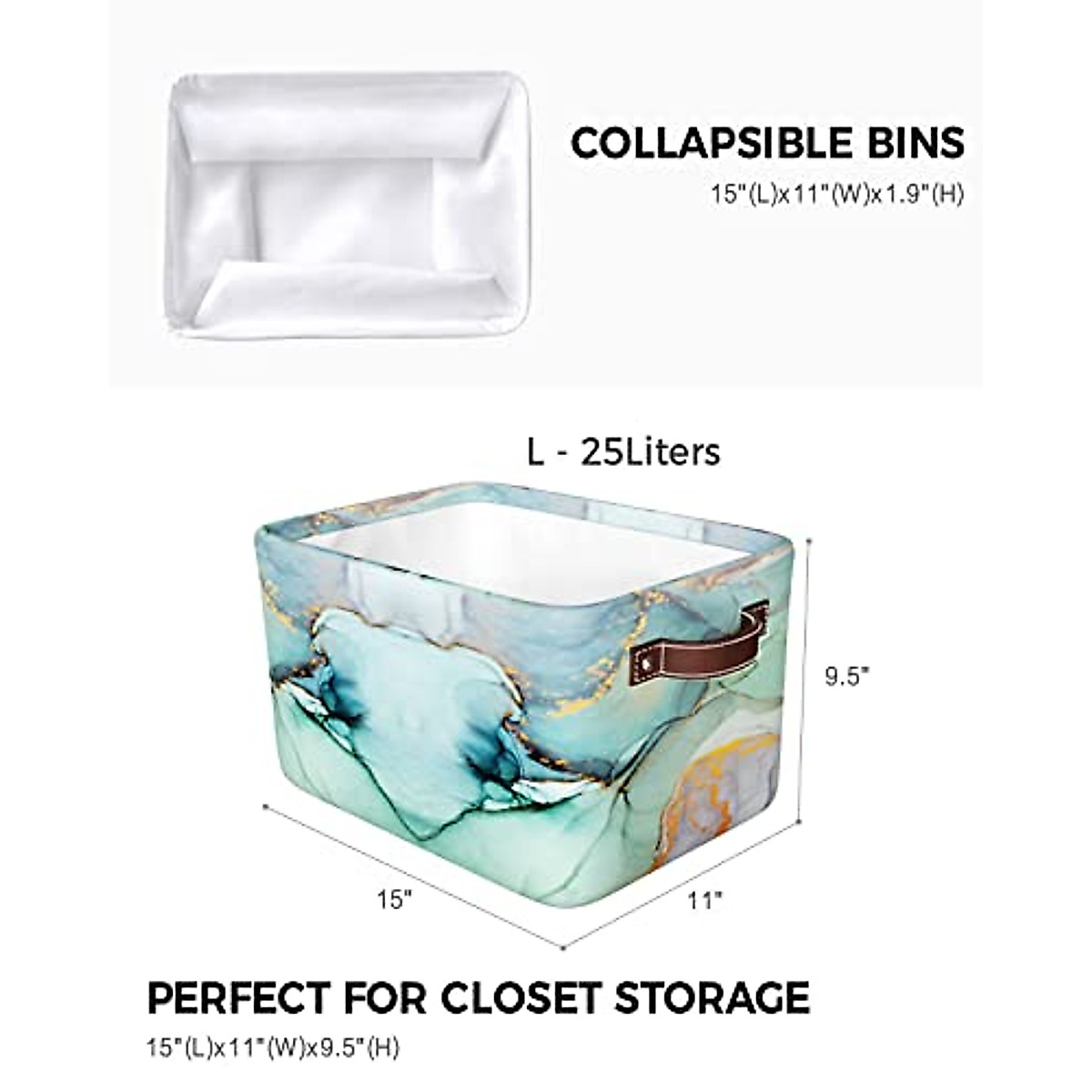 Qumstemily Marble Storage Bins for Shelves, Jade Texture Green Teal Collapsible Storage Boxes Basket for Bedroom/Kitchen, Closet Organizers with Handle, Marble Ink Paint Storage Cubes - 2 Pack