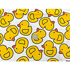 AMORNPHAN 44 Inch Yellow Bird Happy Rubber Duck Printed On White Cotton Fabric Themed Pattern with Ducks for Craft Cloth Kid Patchwork Handmade Sewing Crafting for 1 Yard