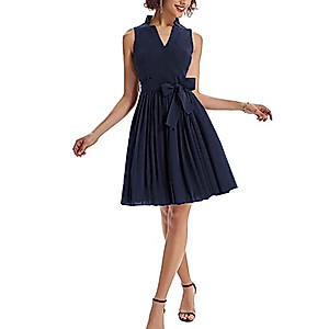 GRACE KARIN Women Elegant High Waist Pleated Dress A-line Solid Funeral Dress Navy Blue L