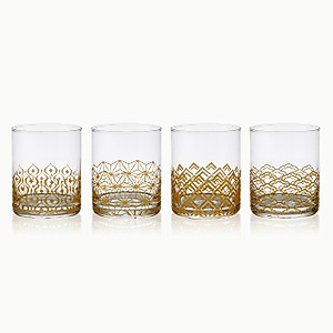 Mikasa Art Deco Set of 4 Double Old Fashioned Whiskey Glasses, 4 Count (Pack of 1), Gold