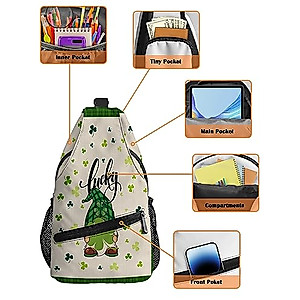 Sling Backpack, St. Patrick's Day Gnome Shamrock Green Plaid Waterproof Lightweight Small Sling Bag, Travel Chest Bag Crossbody Shoulder Bag Hiking Daypack for Women Men
