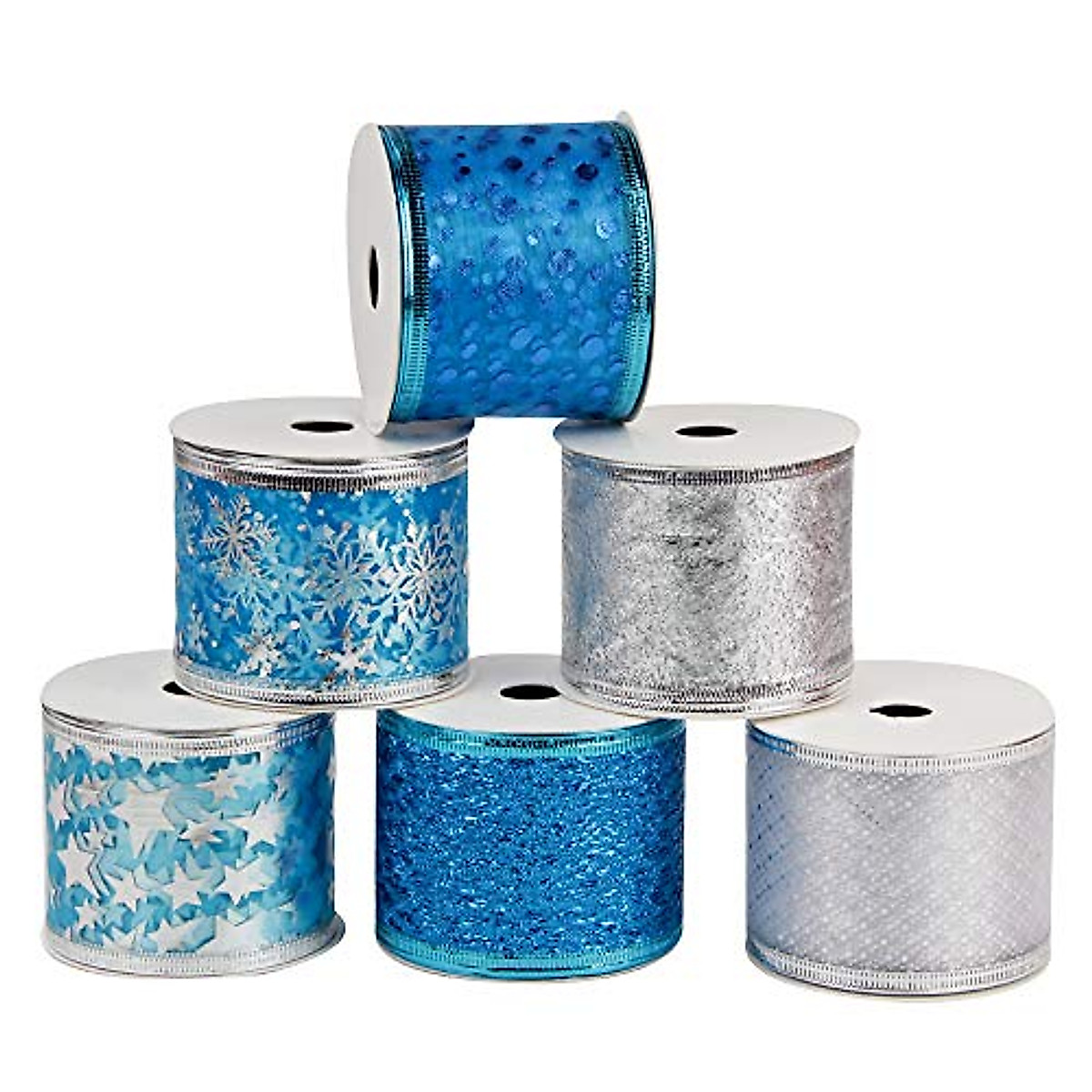 VATIN Christmas Ribbon,Wired Holiday Party Ribbons Assorted Snowflake Dot Holly Star Patterns Decorations, Swirl Sheer Glitter Ribbon 36 Yards (2.5" Width x 6Yard Each Roll) -Blue/Silver