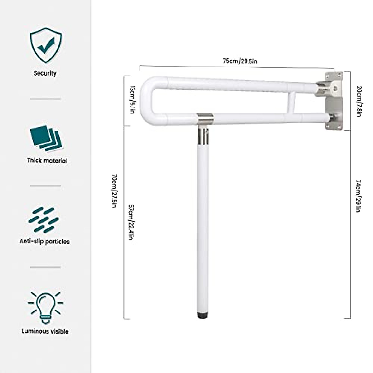 JELLYRATTBIT Handicap Grab Bars Rails, 29.5 Inch Foldable Toilet Bar Flip Up Arm Rails with Anti-Slip Grip Shower Assist Aid Safety for Elderly Pregnant Women Disabled Bar, White
