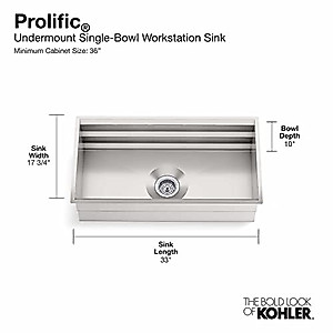 KOHLER 5540-NA Prolific 33 Inch Workstation Stainless Steel Single Bowl Kitchen Sink with Included Accessories, Undermount Installation, Stainless Steel