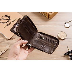 BULLCAPTAIN Men’s Genuine Leather Wallet,RFID Blocking Zip Around Bifold Multi Purse Cowhide Leather Vintage Secure Card Holder with ID Window (Brown)