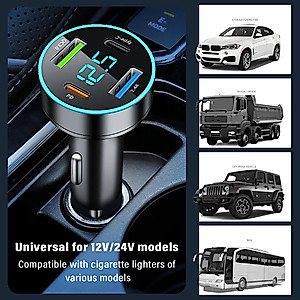 Car Charger,4-in-1 Super Fast Car Charger Adapter with Voltmeter & Blue LED,Universal PD+QC3.0+USB C Ports Car Cigarette Lighter USB Charger Compatible with iPhone Android (QC3.0+Type-C+PD+2.4A)