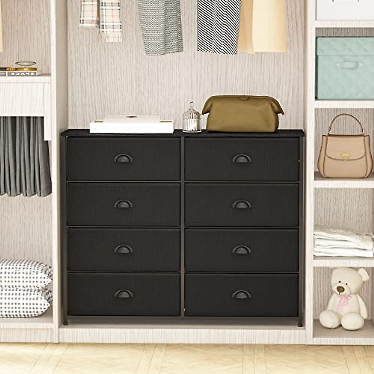 Furnulem 8 Drawer Dresser Wide 40'' Long, Storage Chest of Drawer for 50'' TV Stand, Closet, Bedroom, Nursery, Fabric Bins, Wooden Top Living Room Rustic Furniture (Black)
