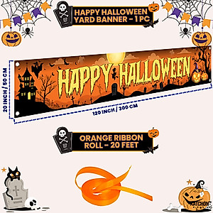 KatchOn, Happy Halloween Banner for Outdoor - 120x20 Inch | Orange and Black Happy Halloween Yard Banner | Happy Halloween Yard Sign for Halloween Yard Decorations | Halloween Banners for Outside