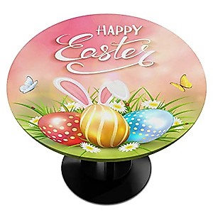 Easter Round Tablecloth with Elastic Edge, Happy Easter Rabbit Bunny Egg Fitted Tablecloth Washable Wipeable Spillproof Polyester Table Cover for Kitchen Dining Party Holiday Fits Round Table 45-56 In