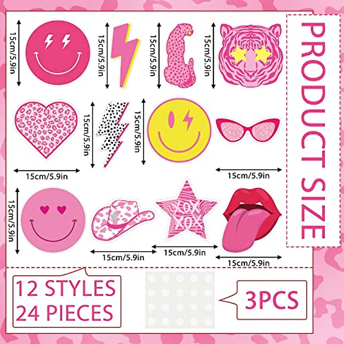 24 Pieces Preppy Theme Cutouts Preppy Party Decoration Pink Party Cut Outs Smile Face Favors Star Lightning Lips Cutouts for Preppy Style Birthday Wedding Baby Shower School Bulletin Board Supplies