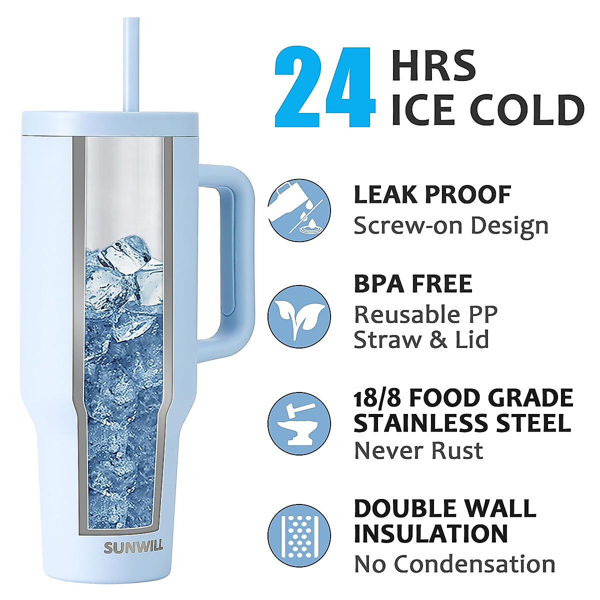 SUNWILL 40 oz Tumbler With Handle and Straw Lid, Coffee Tumbler Cups, Insulated Reusable Stainless Steel Travel Coffee Mug for Travel & Outdoor, Cupholder Friendly, Iceberg