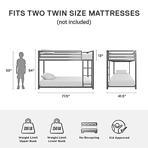 DHP Miles Metal Bunk Bed, Silver, Twin over Twin