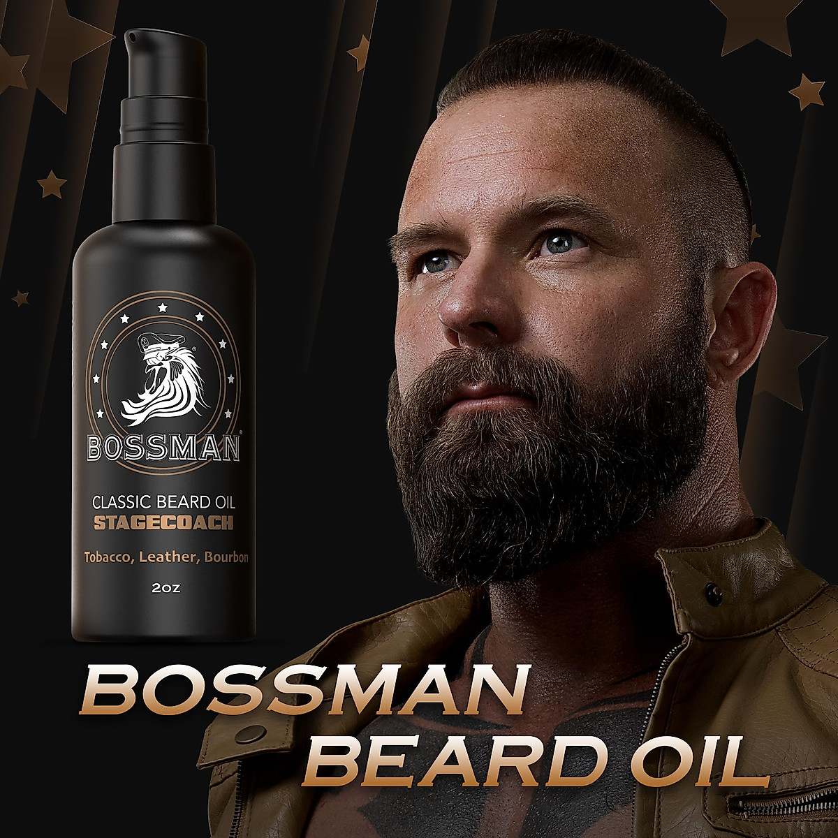 Bossman 2 oz Organic Beard Oil for Men with Jojoba Oil, Argan Oil, Coconut Oil, Avocado Oil for Beard Growth - Beard Growth Oil for Men, Scent (Stagecoach)