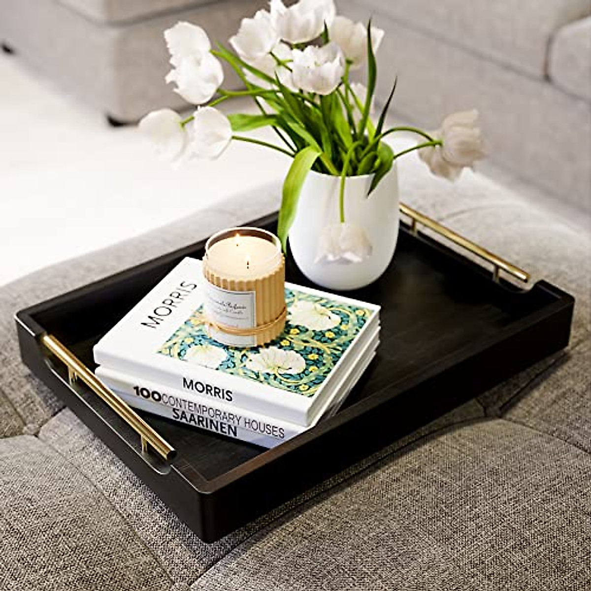 Black Coffee Table Tray 16.5" x 12" - Real Wood Ottoman Tray for Living Room - Serving Tray with Handles - Decorative Trays for Coffee Table - Decorative Tray for Ottoman - Black Tray for Coffee Table
