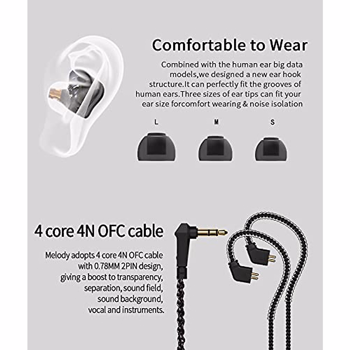 Kinboofi CCZ Melody in Ear Monitors, Dynamic Hybrid Dual Driver in Ear Headphones 1BA+1DD HiFi Wired Headphones Musicians IEM Upgrade Deep Bass Suitable for Audiophile Musician(No MIC, Black)