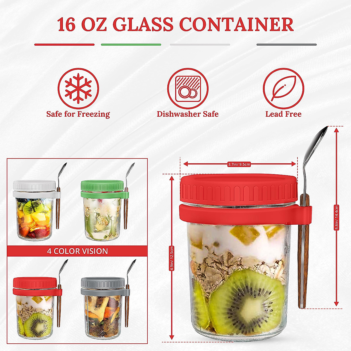 Overnight Oats Container with Lid and Spoon Airtight 16 oz Glass for Cereal Yogurt Milk Fruit, chia pudding jars, Overnight Oats Leak Proof Oatmeal Container, yogurt container with lids, 4-pack