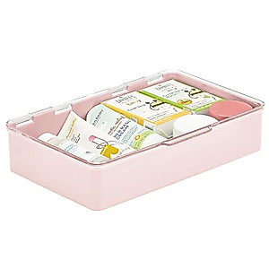 mDesign Plastic Storage Stackable Durable Container Bin Organizer Box with Lid - for Organizing Kitchen, Pantry, Bathroom, Bedroom - Holds Food, Snacks, Makeup - Light Pink/Blush/Clear
