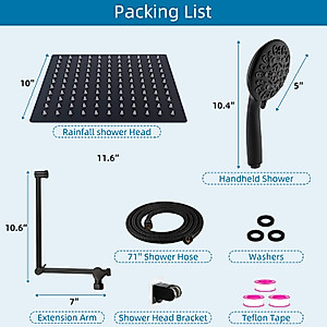 Rain Shower Head with Handheld Spray Combo - 10" Rainfall Showerhead + 7-Spray Handheld Spray Combo, Folded Extension Arm, 71" Shower Hose and 3 Settings Diverter, Matteblack