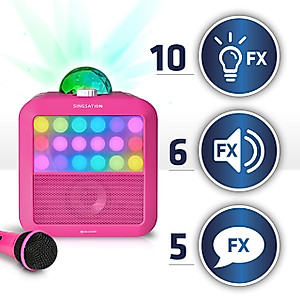 Singsation Star Burst Portable Karaoke Machine, Bluetooth, Room-Filling Light Show with 10 Light Functions, 6 Amazing Sound Effects, 2 Microphones Included for Duets, Pink