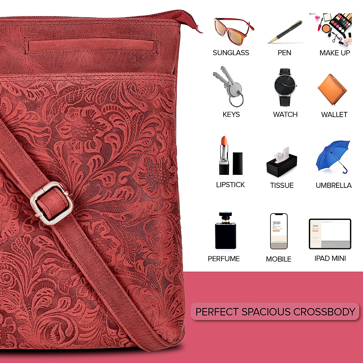 Real Genuine Leather Crossbody Bags for Women - Ladies Sling Bags Adjustable Shoulder Strap Medium Size Purses for Women