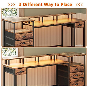 Furologee Computer Desk with 4 Drawers, 60" Office Long Desk with Fabric File Cabinet and Power Outlets, Gaming Desk with LED Lights, Study Writing Work Desk for Home Office, Rustic Brown