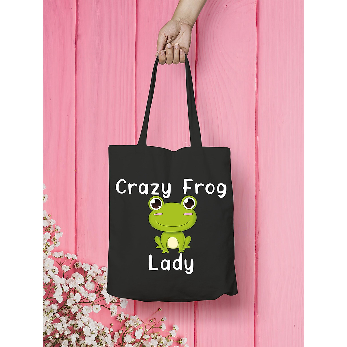 VAMSII Frog Tote Bag Crazy Frog Lady Shoulder Bag Frog Lover Gifts for Women Funny Frog Gifts Shopping Bag(BLK-Frog Lady tote)