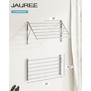 JAUREE Wall Mounted Clothes Drying Rack, Laundry Drying Rack Stainless Steel, Wall Drying Rack Clothing Foldable with 6 Drying Rods, Space Saving Wall Clothes Dryer Rack