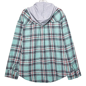 Knemksplanet Women Plaid Hooded Shirt Drawstring Flannel Sweatshirt Hoodie Jacket Casual Button Down Blouse Tops with Pocket Light Green