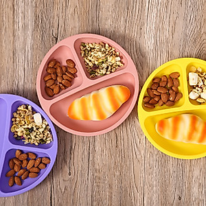 Cibeat Toddler Plates 3 Pack, 100% Silicone Suction Plates for Babies and Toddlers, Microwave and Dishwasher Safe, BPA Free, Divided Design, Pink & Yellow & Purple