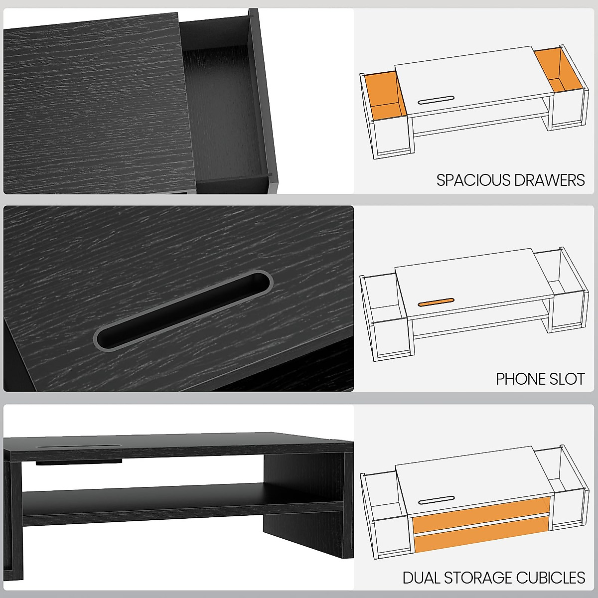 AMERIERGO Monitor Stand Desk Organization with DIY Storage Space, Monitor Riser Stand with Storage with 2 Slots & Phone Holder, Computer Stand 2 Tier for Home Office Use