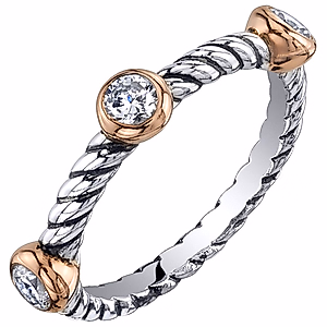 PEORA Cubic Zirconia 3-Stone Stackable Ring in Sterling Silver, Cable Rope Band for Women 2.1mm Sizes 9