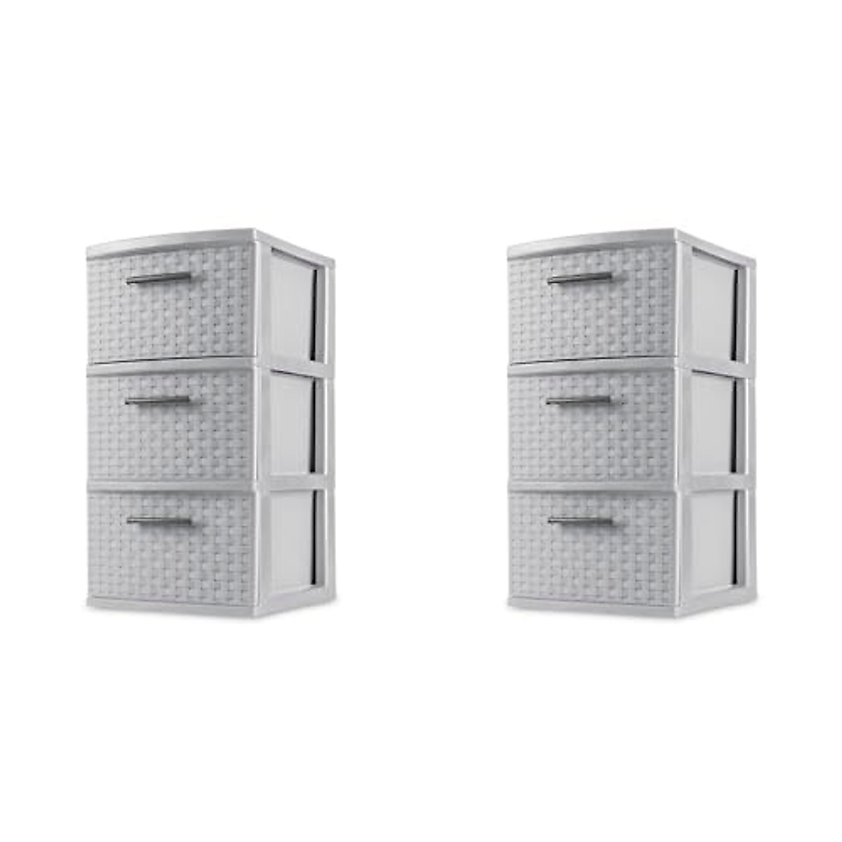 Sterilite 3 Drawer Weave Storage Tower, Plastic Decorative Drawers to Organize Clothes in Bedroom, Closet, Gray with Gray Drawers, 2-Pack